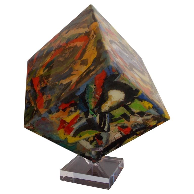 Vintage Modern Art Plastic Cube Sculpture with Collage at 1stDibs