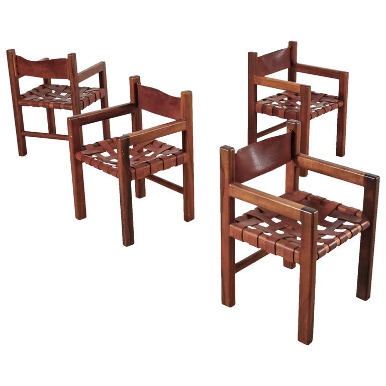 Set of Four Studio Crafted Leather Webbed Chairs, USA, 1950s For Sale ...
