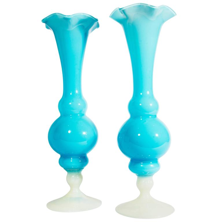 Pair of Vintage Turquoise Ice Blue Vases at 1stDibs