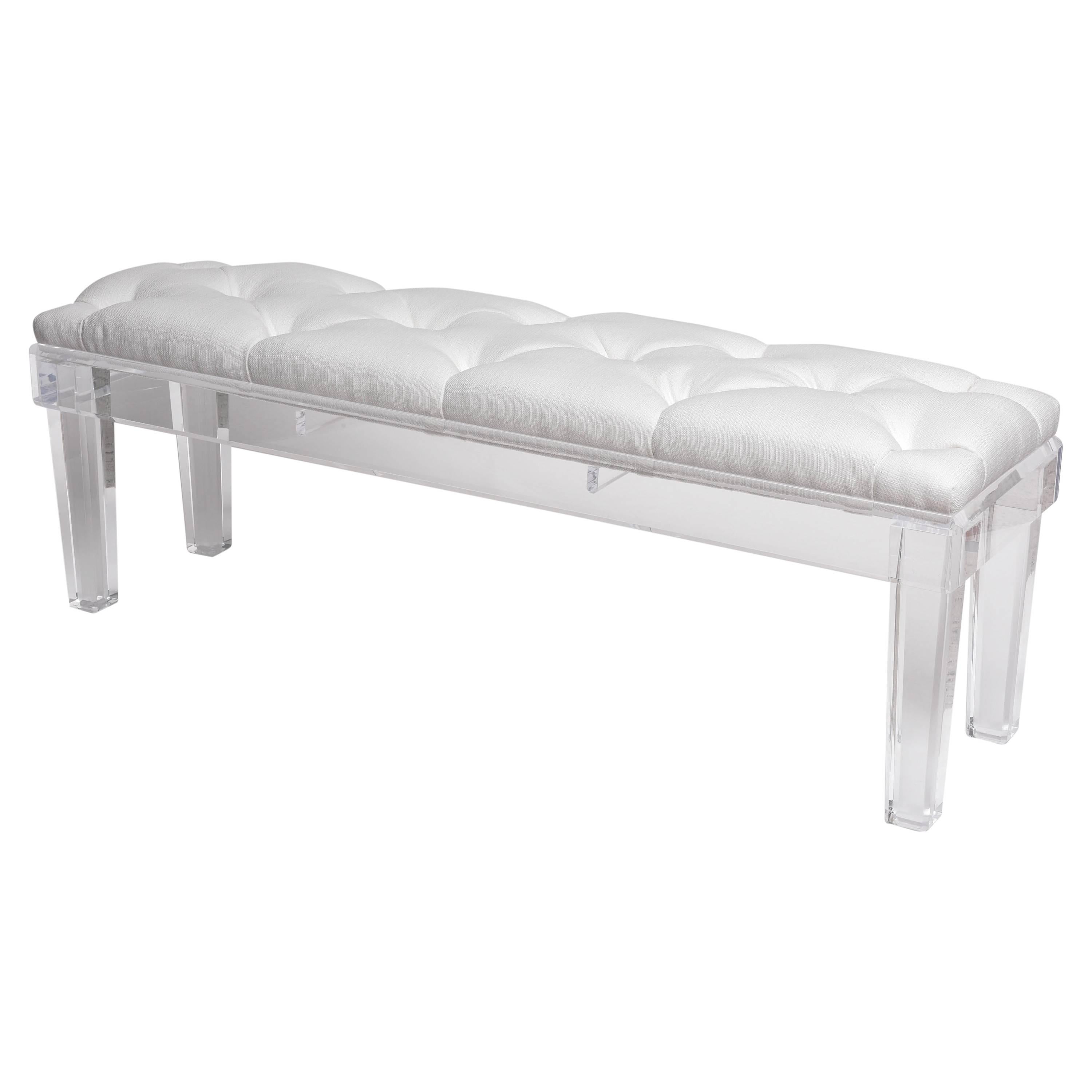 Bespoke Hollywood Regency, Glam, Lucite Bench with White Button-Tufted ...