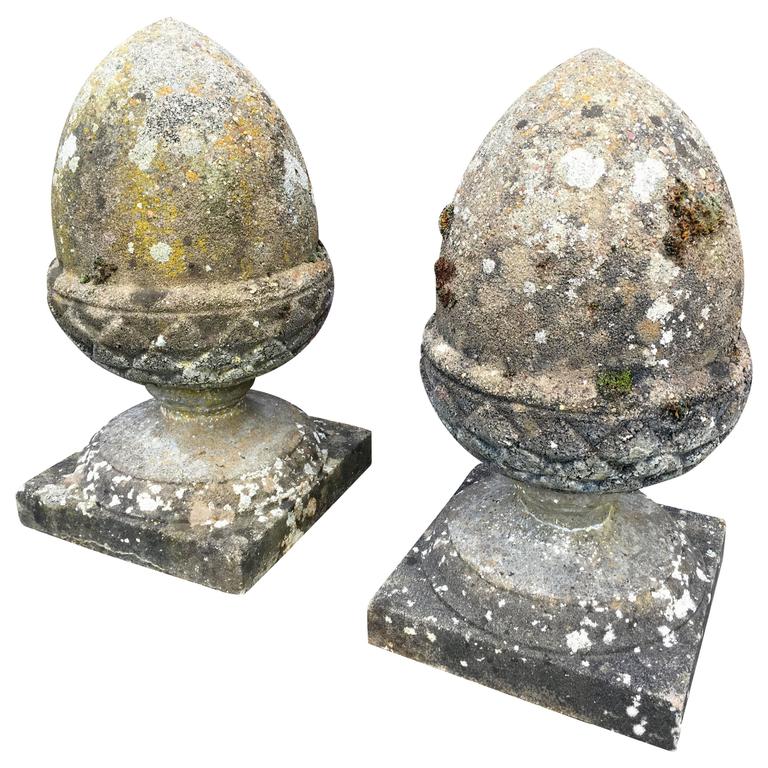 Pair of Mossy English Cast Stone Acorn Finials at 1stDibs