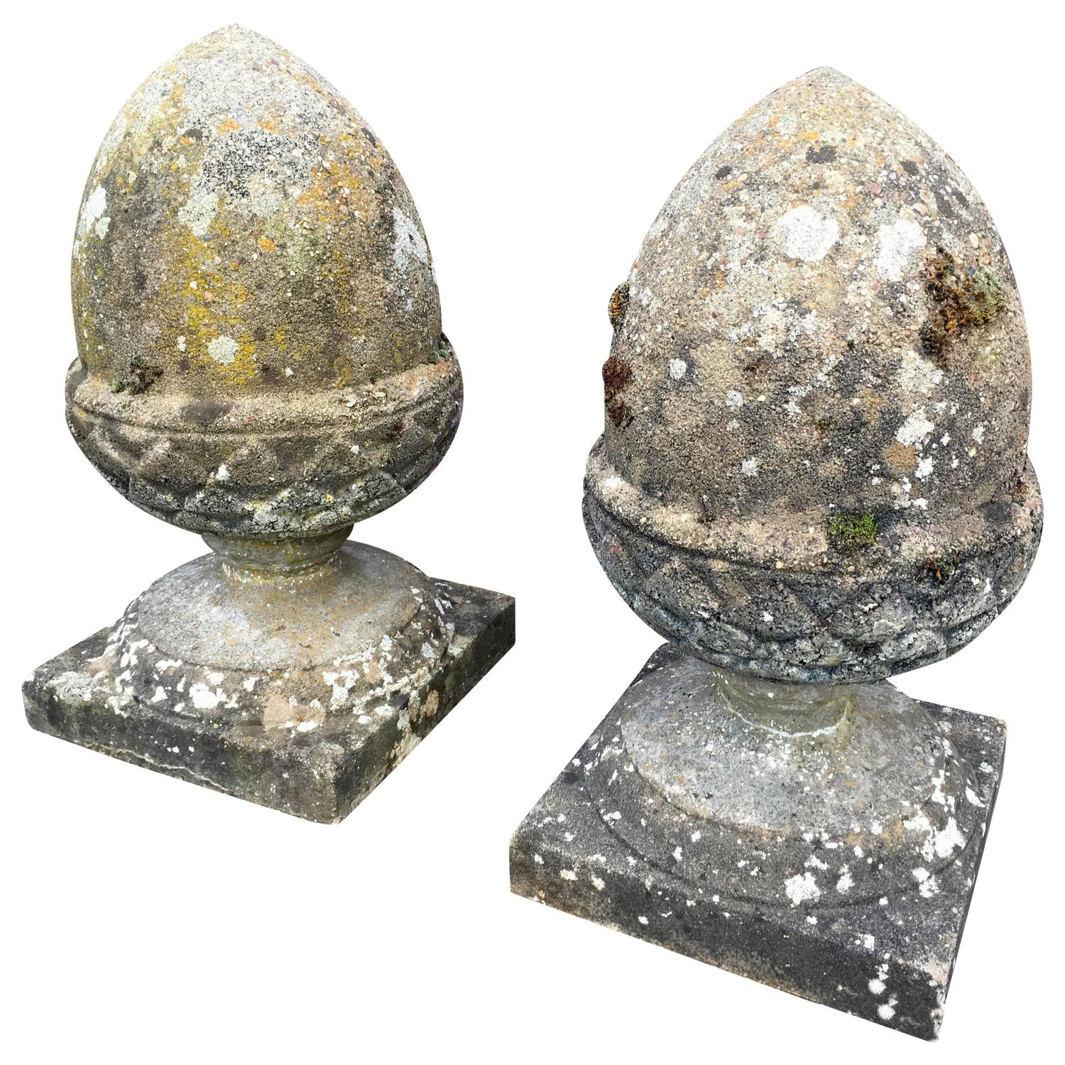Pair of Mossy English Cast Stone Acorn Finials at 1stdibs
