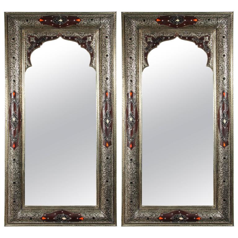 Moroccan Mirror with Silver and Leather Design For Sale at 1stdibs