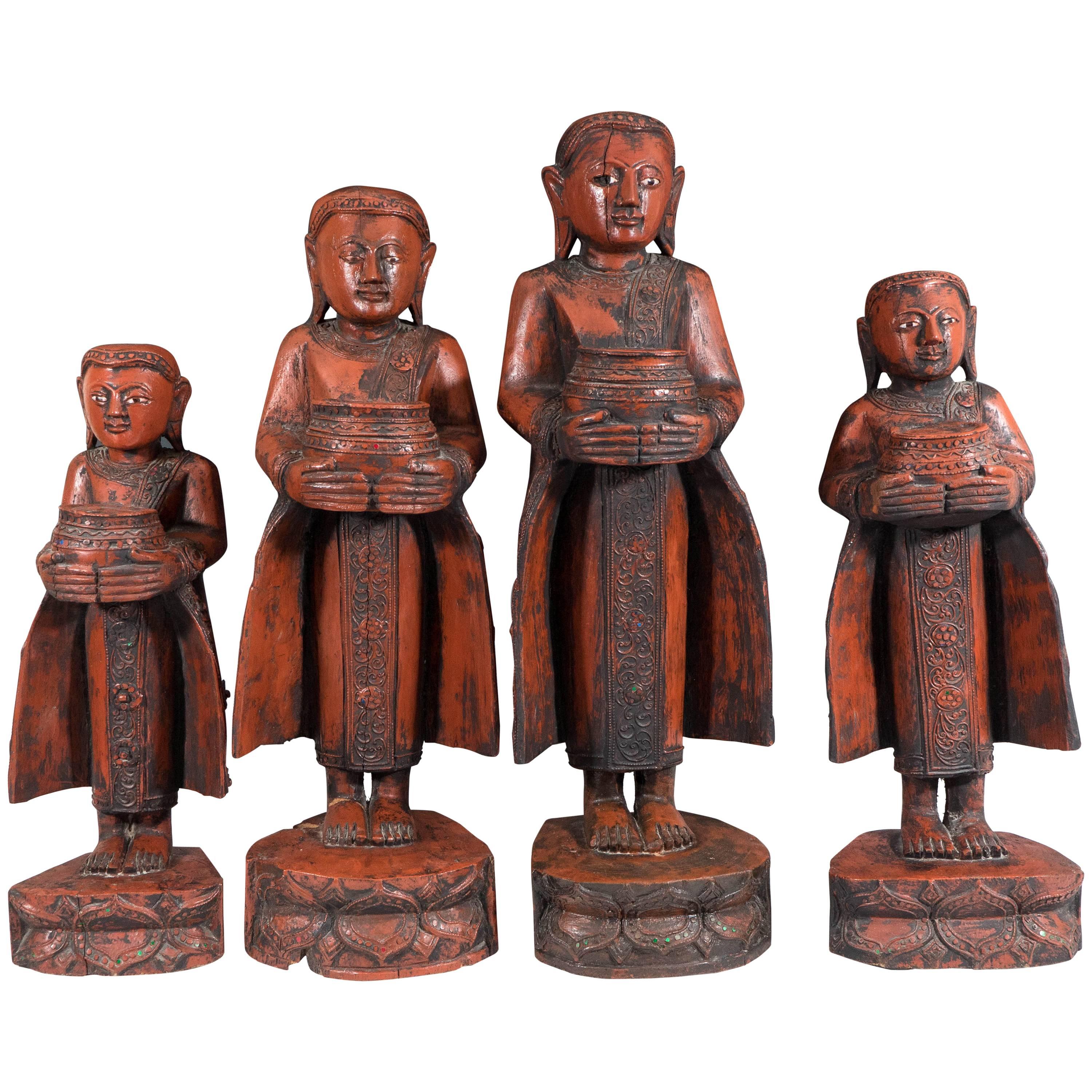 Set of Four Carved Wood Myanmar Burmese Monks with Offering Bowls For ...