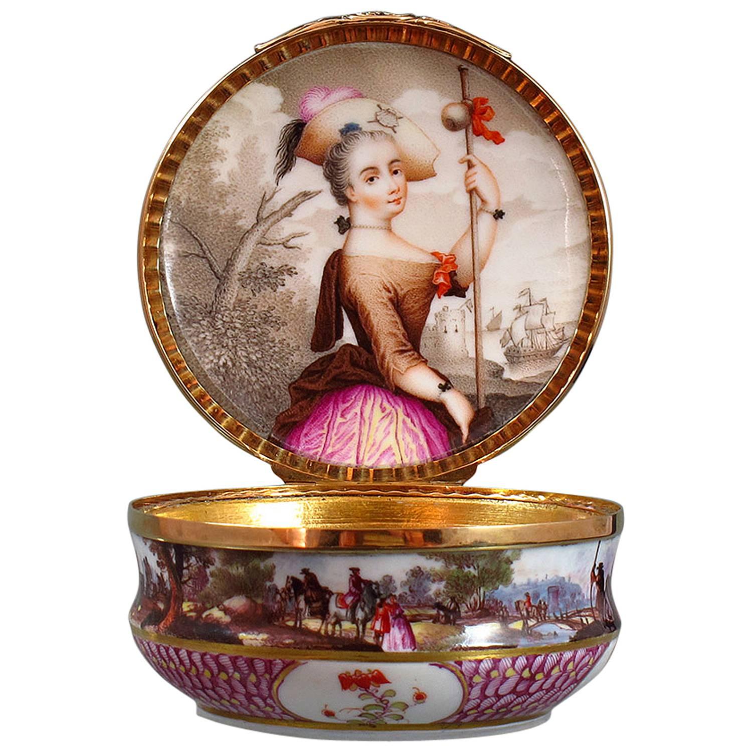 Gold-Mounted Circular Porcelain Snuff Box, Meissen, circa 1740 at 1stDibs