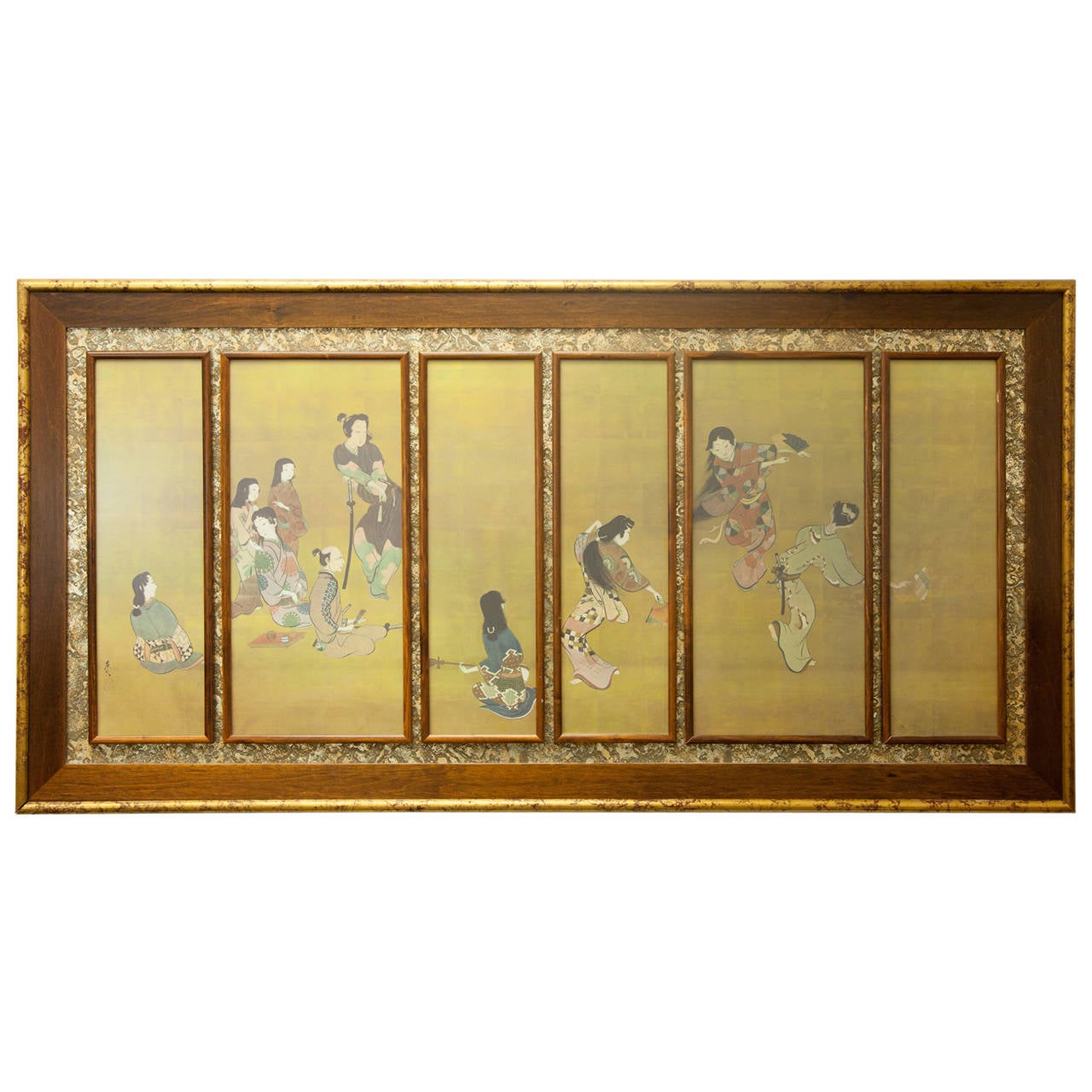 Japanese Six Panel Framed Wall Screen with Geisha Dancers at 1stDibs