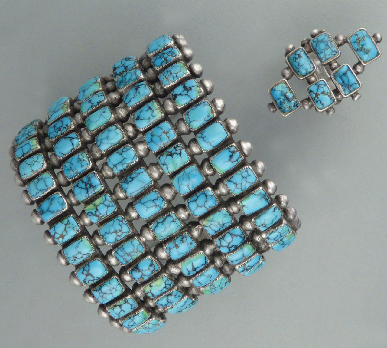 Large Zuni Cuff and Ring with No. 8 Turquoise, circa 1950 at 1stDibs