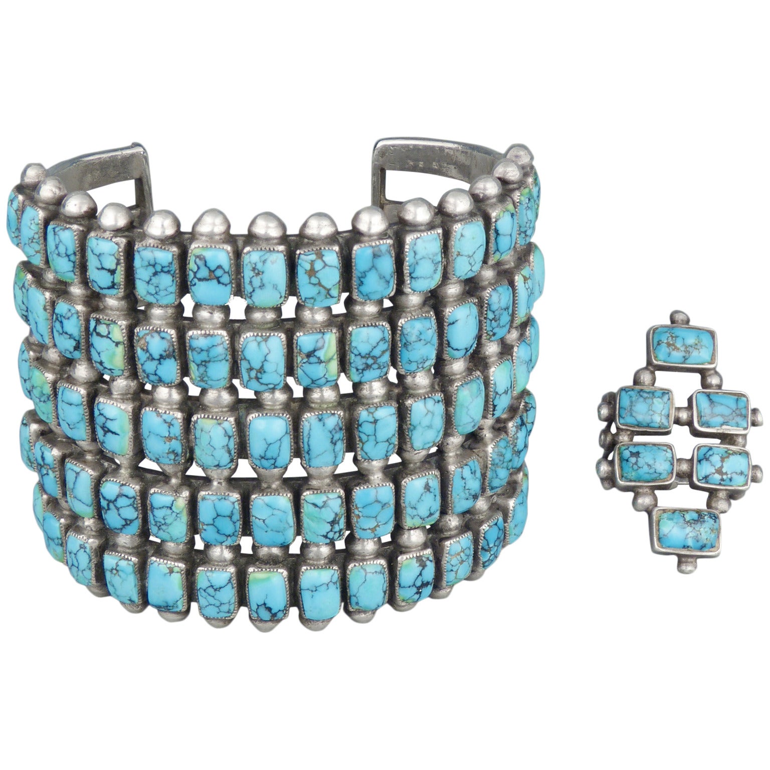 Large Zuni Cuff and Ring with No. 8 Turquoise, circa 1950 at 1stDibs