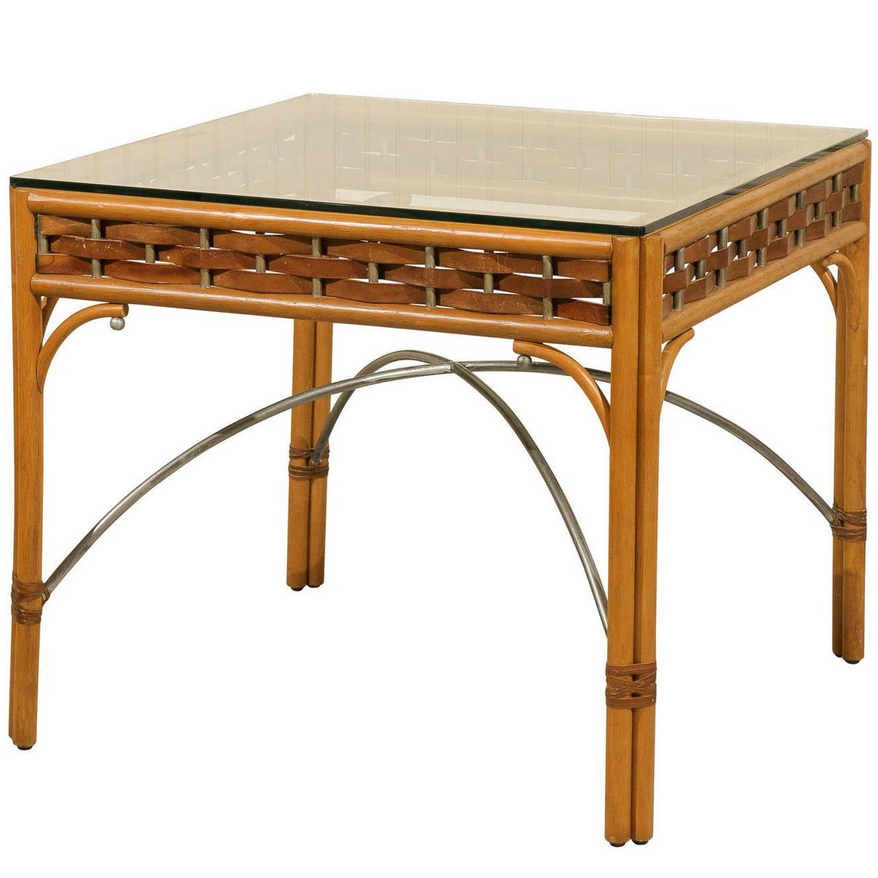 Vintage Rattan Card Table with Leather and Wrought Iron Accents at 1stDibs