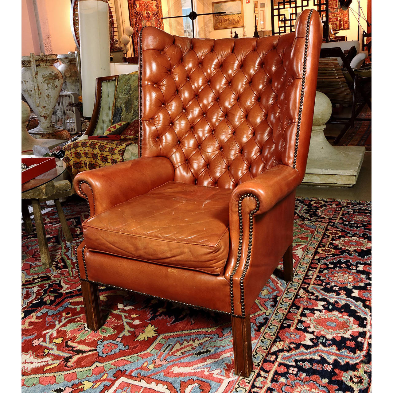 Vintage Tufted Leather Wing Chair at 1stDibs