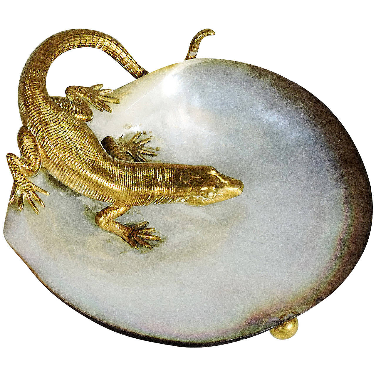 Antique Brass or Bronze Salamander and Shell Footed Dish at 1stDibs