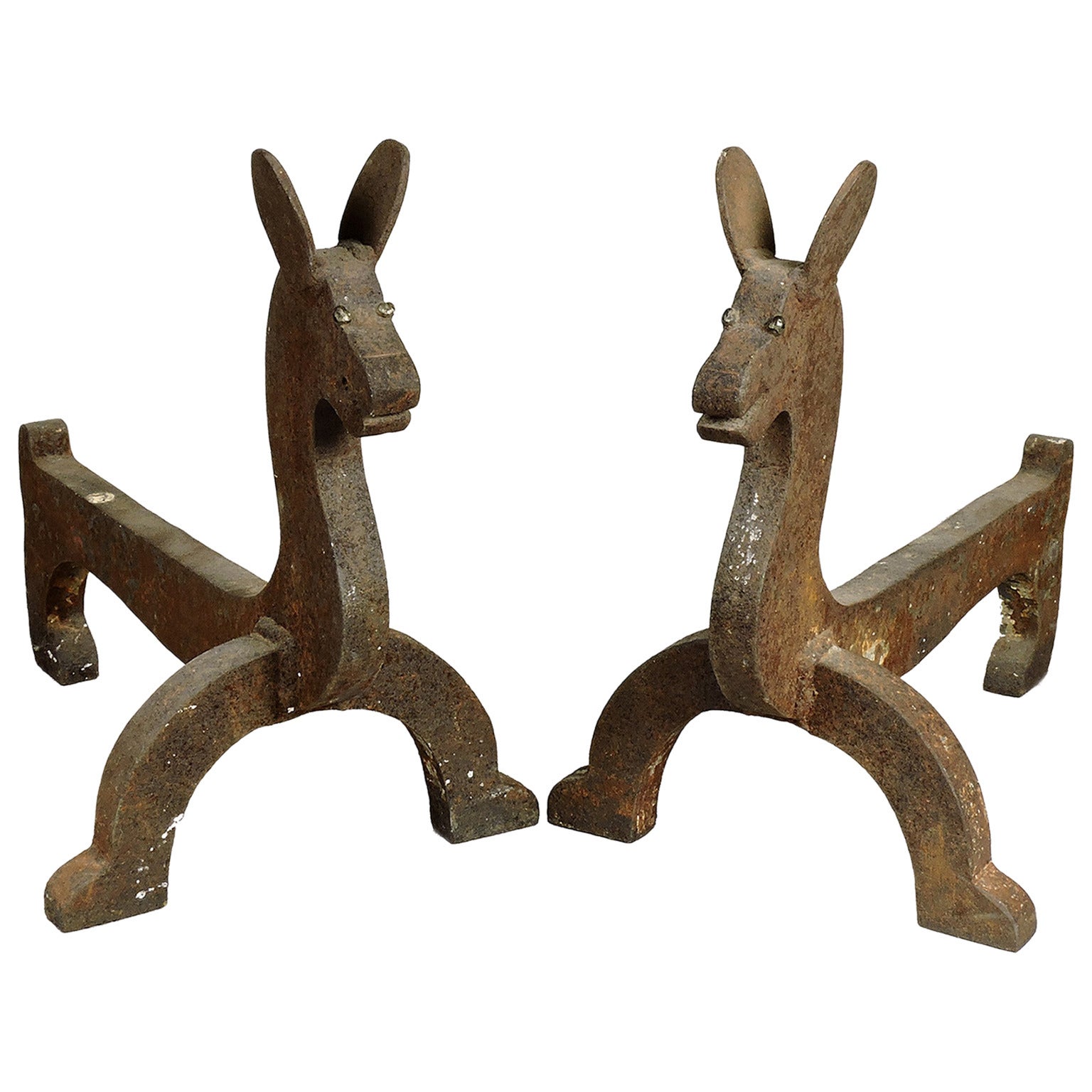 Pair of Folk Art Wrought Iron Animal Form Andirons at 1stDibs
