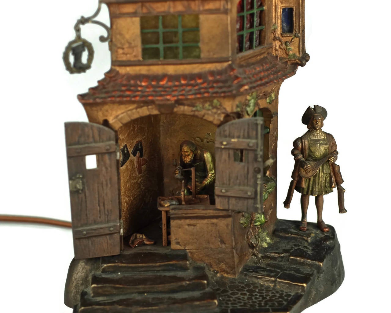 Bergman Cold Painted Bronze and Stained Glass Table Lamp, Medieval ...