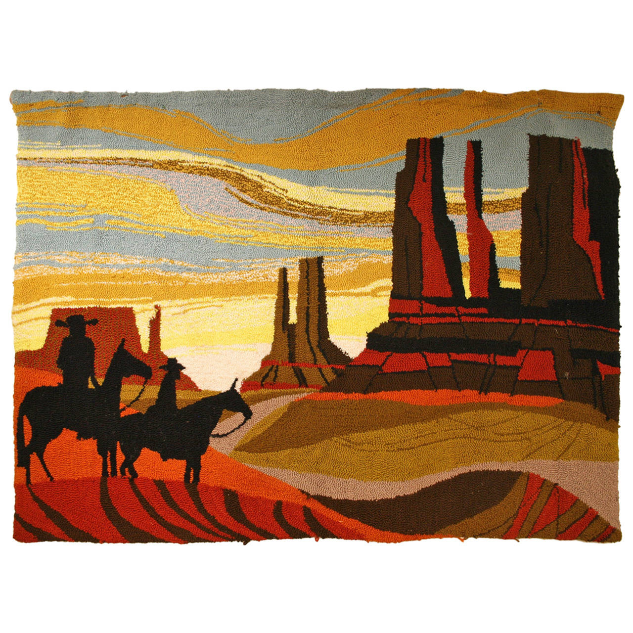 Vintage 1970s Western Landscape Hook Rug Tapestry at 1stDibs