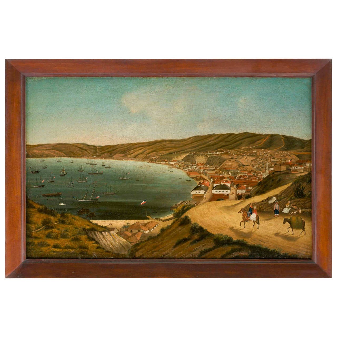 View of Valparaíso, Chile Oil on Canvas in Original Chinese Frame For ...