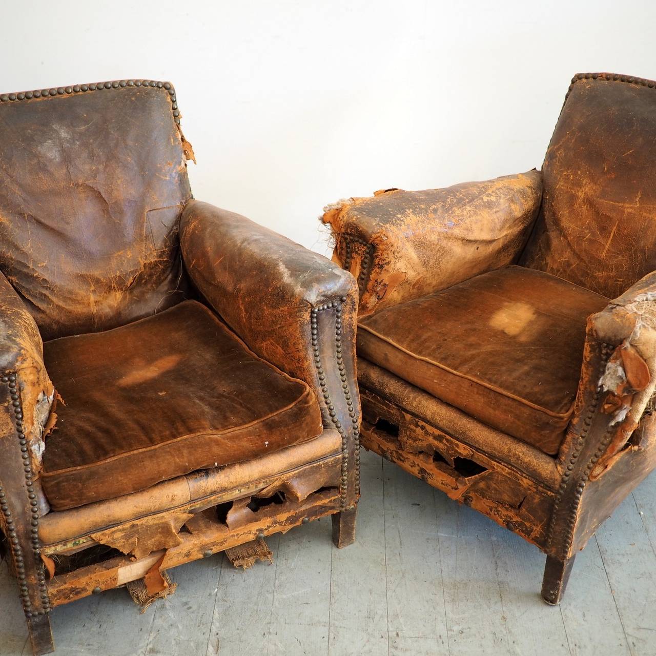 Pair of Distressed Leather Club Chairs at 1stDibs