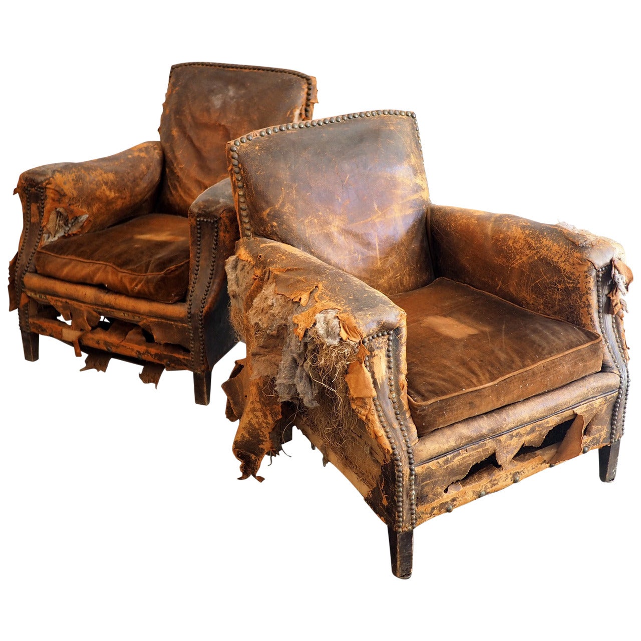 Pair of Distressed Leather Club Chairs at 1stDibs