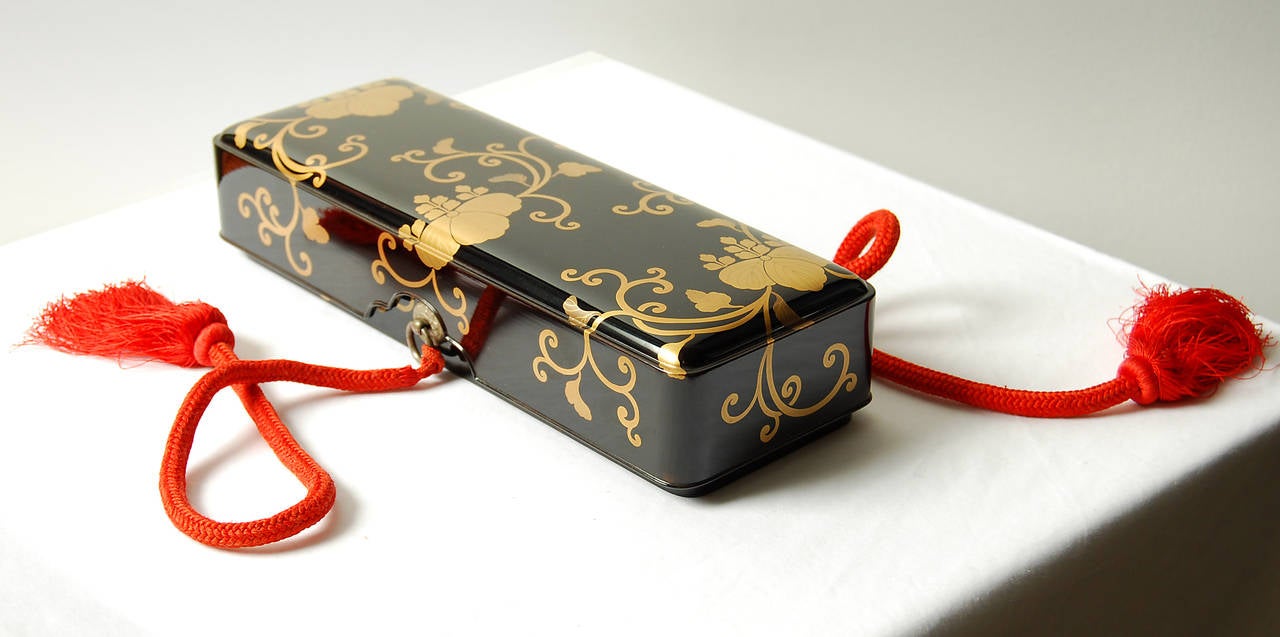 Antique Japanese Black Lacquer Scroll Box with Gold Maki-e Lacquer ...