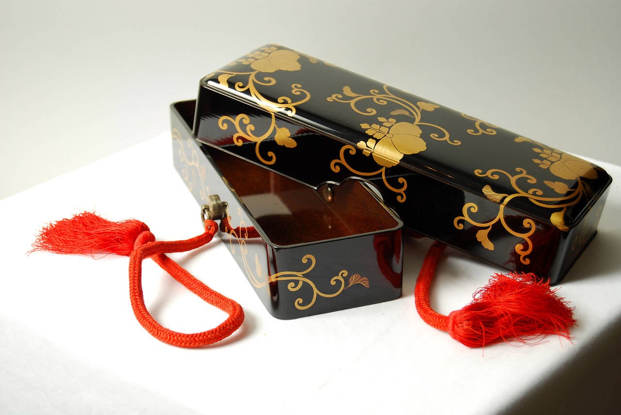 Antique Japanese Black Lacquer Scroll Box with Gold Maki-e Lacquer ...