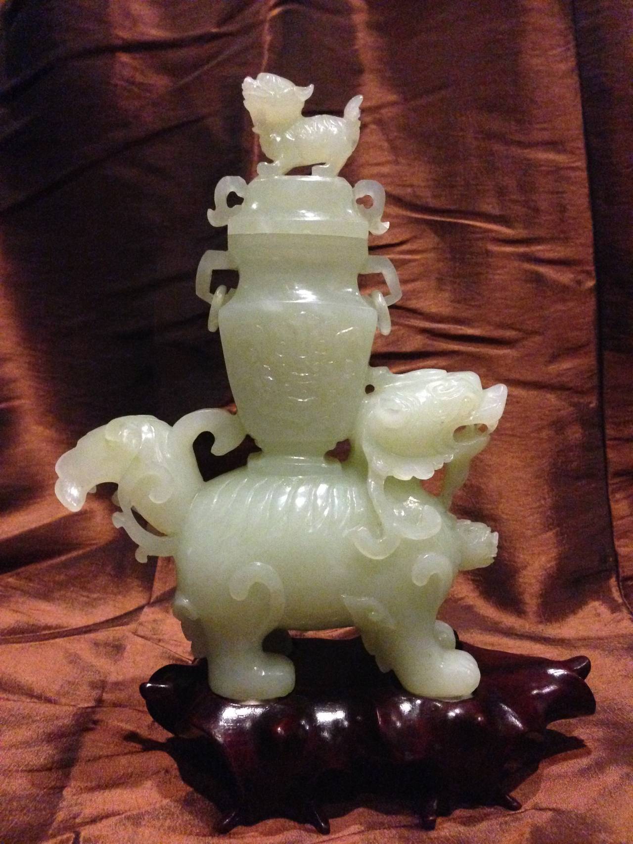Finely Carved Chinese Xiu Jade Foo Dog on Qi Lin at 1stDibs