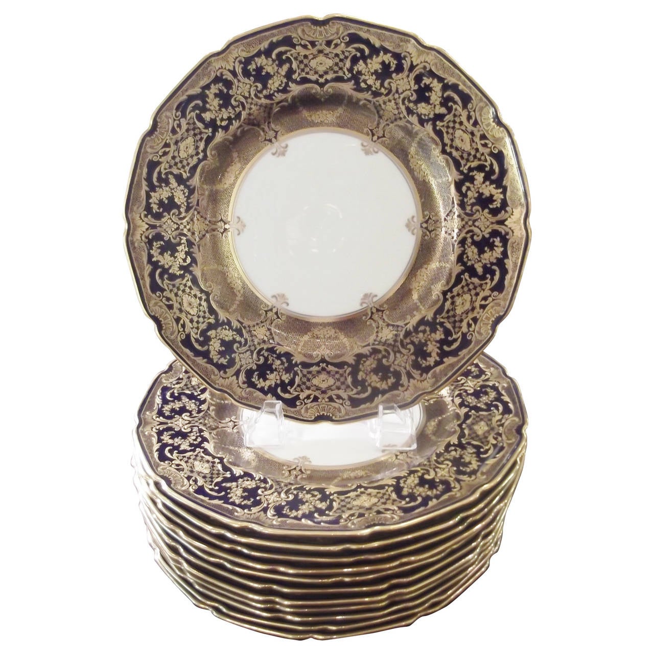 Opulent Set of 12 Ornate Gilded Cobalt Dinner Service Plates at 1stDibs