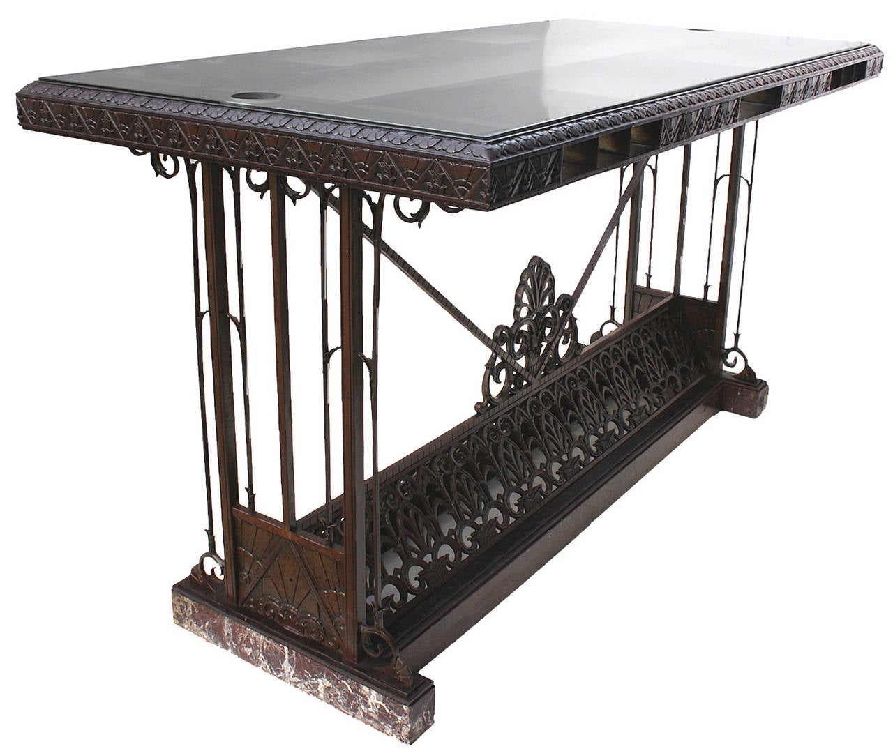 Ornate Art Deco Bank Table on Rosso Levanto Marble Base For Sale at 1stDibs