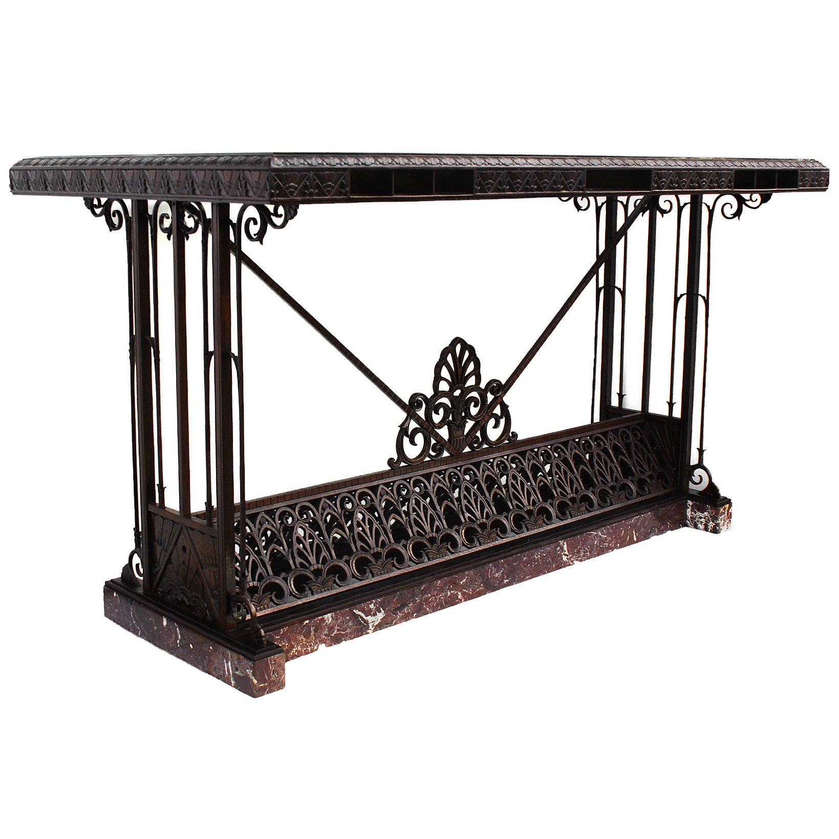 Ornate Art Deco Bank Table on Rosso Levanto Marble Base For Sale at 1stDibs
