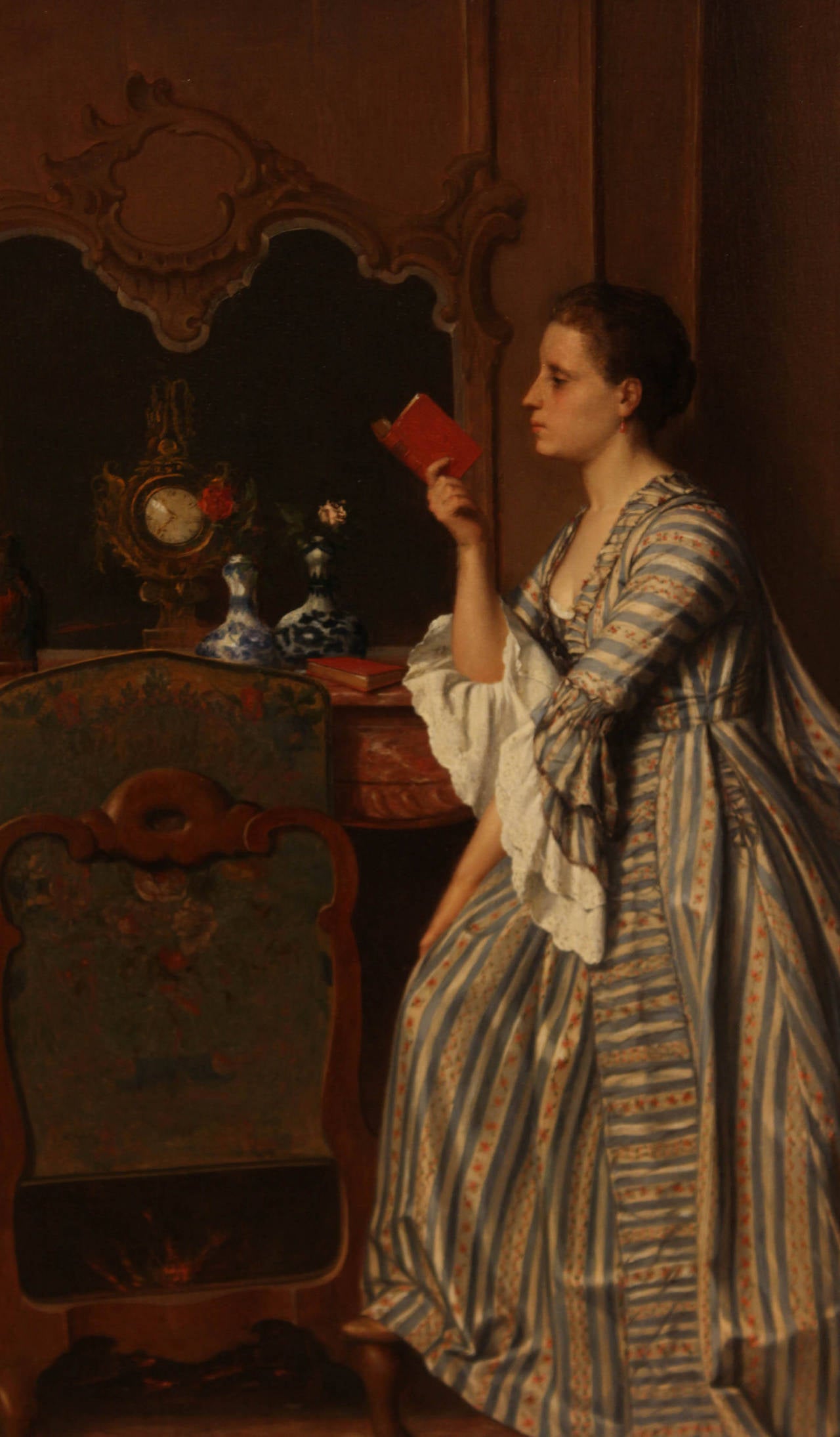 Good Read Oil Albert Gilbert Lady in Long Dress Reading Book in Bedroom ...