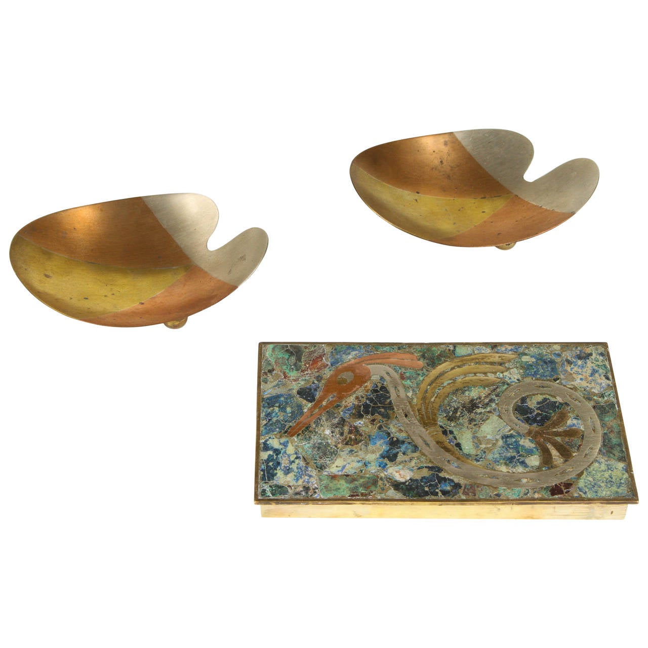 Collection of Mixed Metal Inlay Box and Pair of Dishes, Taxco For Sale ...