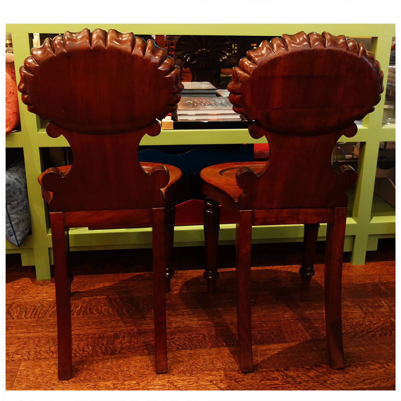 Pair of 19th Century English Mahogany Shell-Back Hall Chairs at 1stDibs