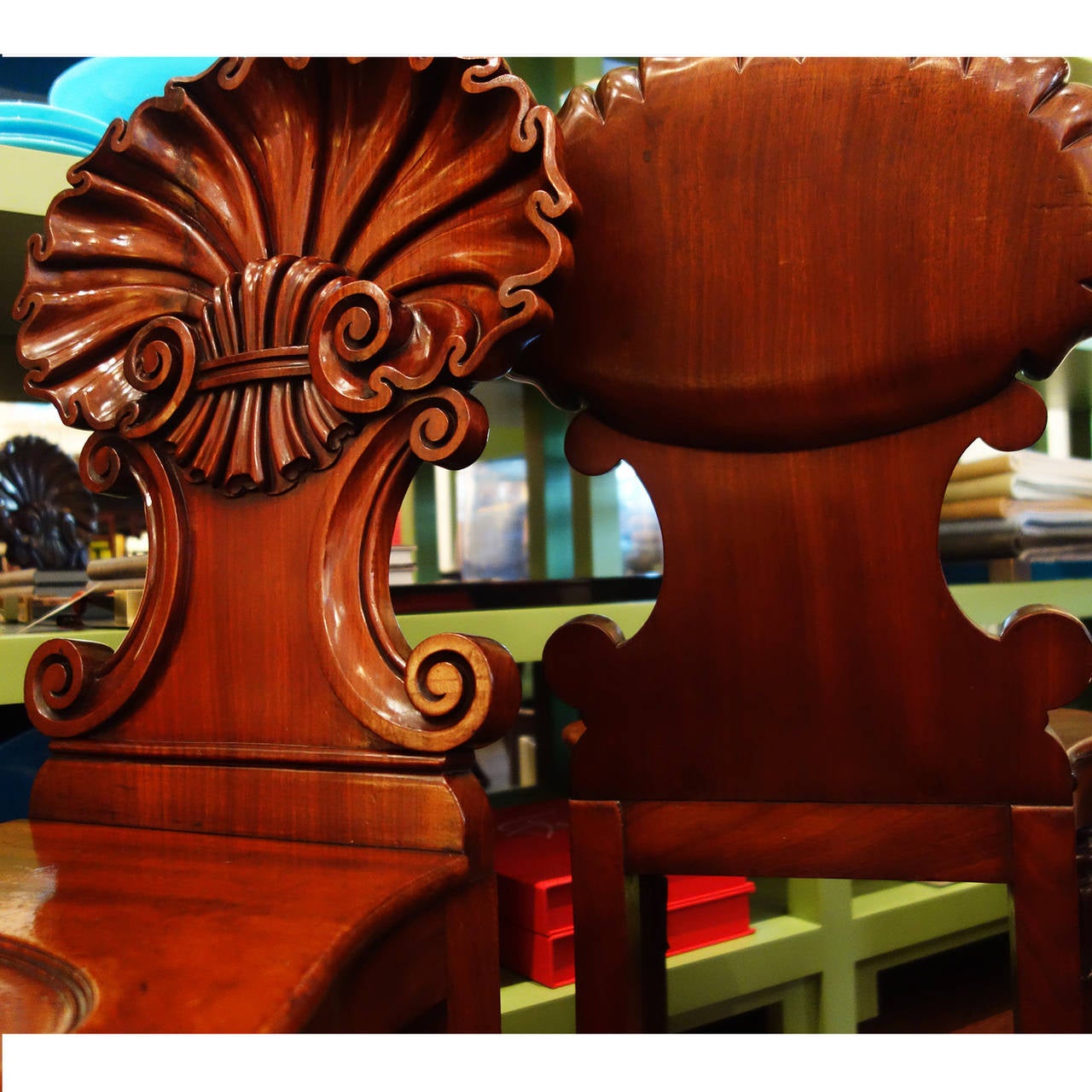 Pair of 19th Century English Mahogany Shell-Back Hall Chairs at 1stDibs