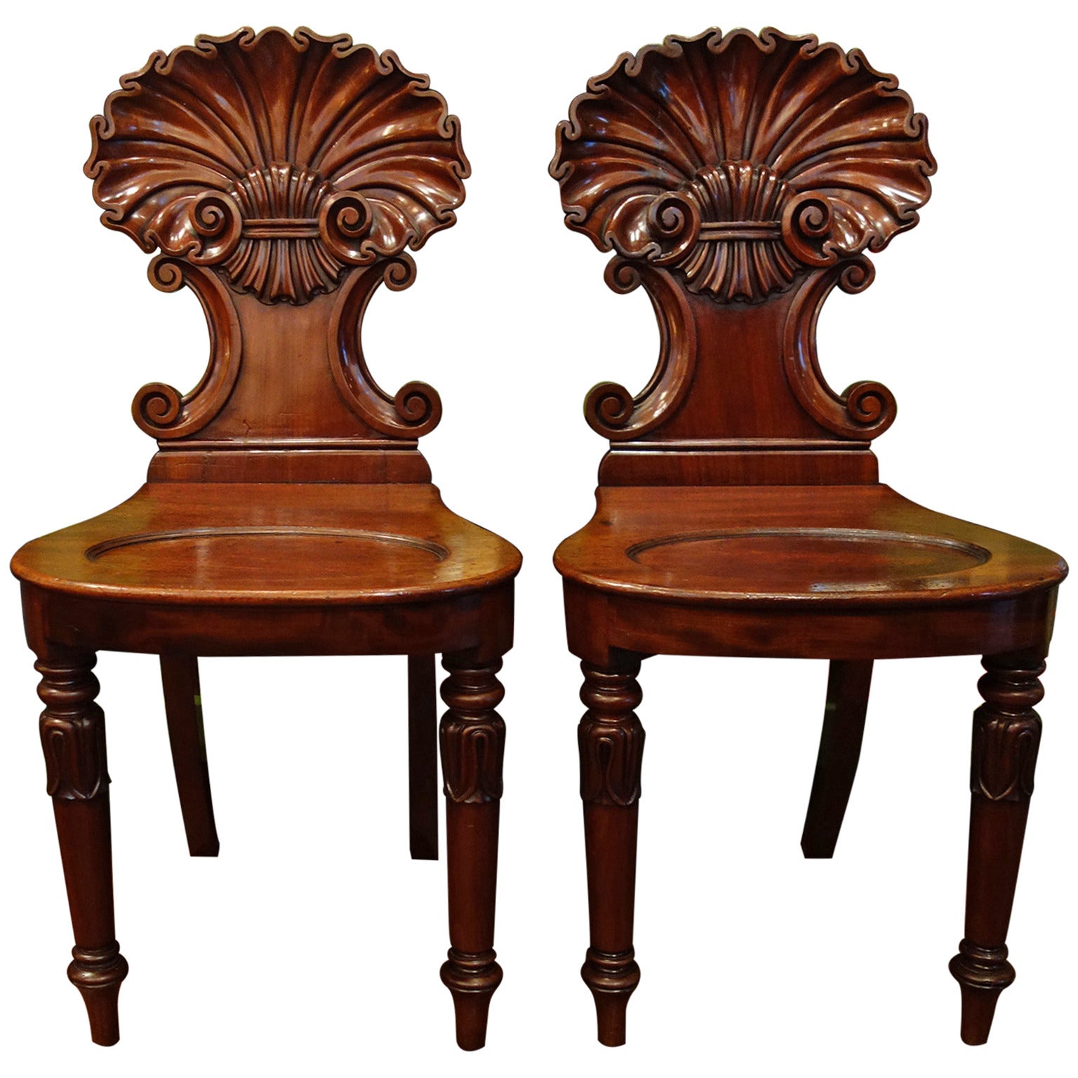 Pair of 19th Century English Mahogany Shell-Back Hall Chairs at 1stDibs