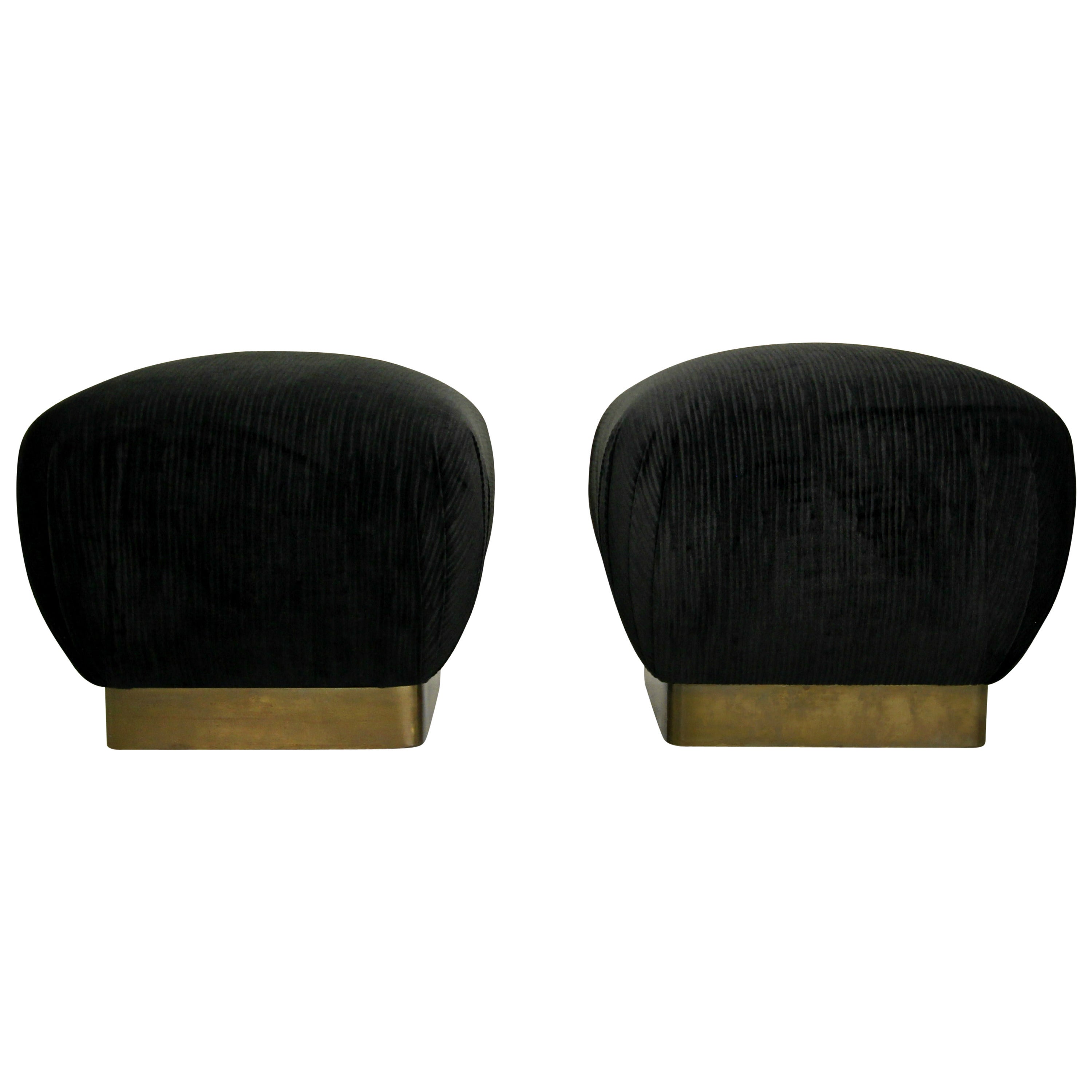 Pair of Regency Style Brass Plinth Base Poufs or Ottomans at 1stDibs