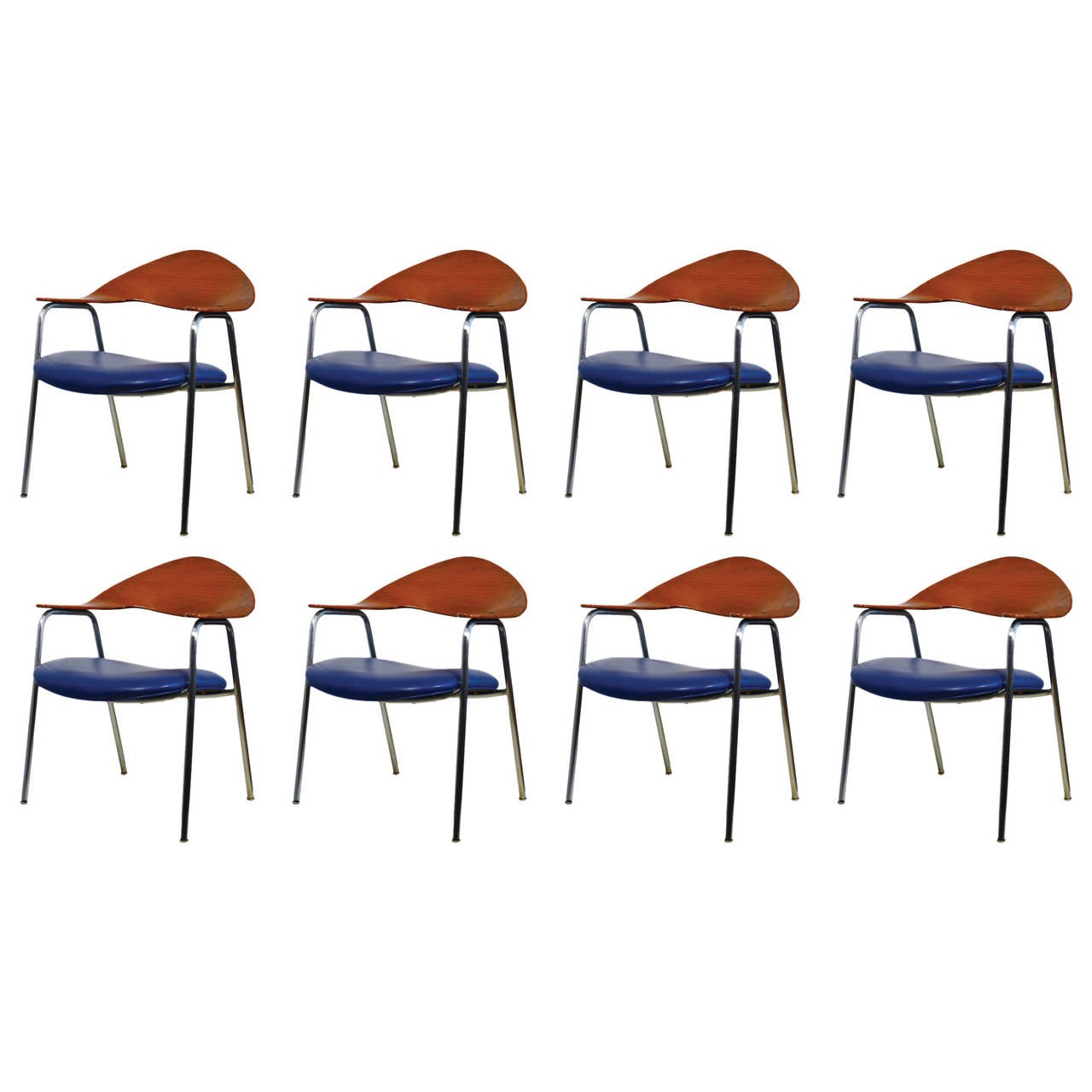 Set of Eight Design Chairs from 1960s Wood and Steel For Sale at 1stDibs