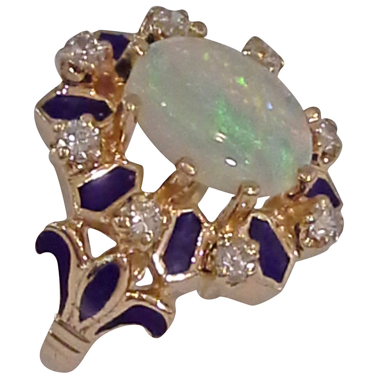 14k Gold, Opal, Diamond and Enamel Cocktail Ring at 1stDibs