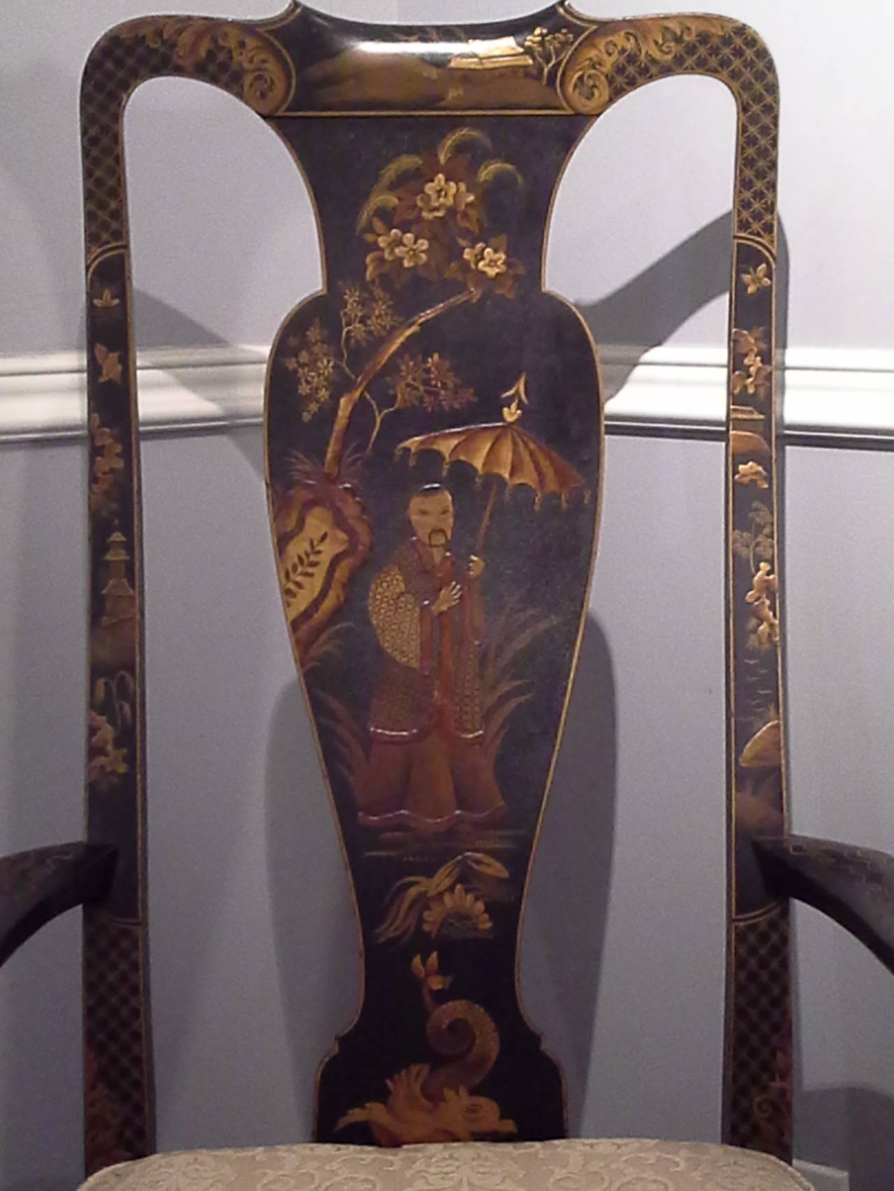 Midcentury Japaned Black Armchair Painted In Relief Scenes of Japanese ...