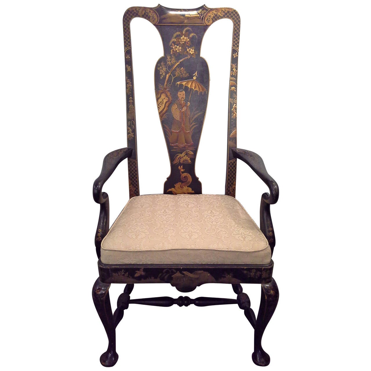 Midcentury Japaned Black Armchair Painted In Relief Scenes of Japanese ...