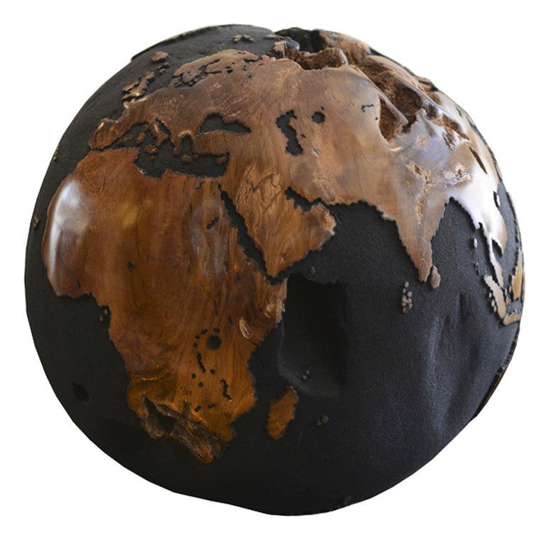 Globe in Teak Root with Black Sand of Volcanic Rock at 1stDibs