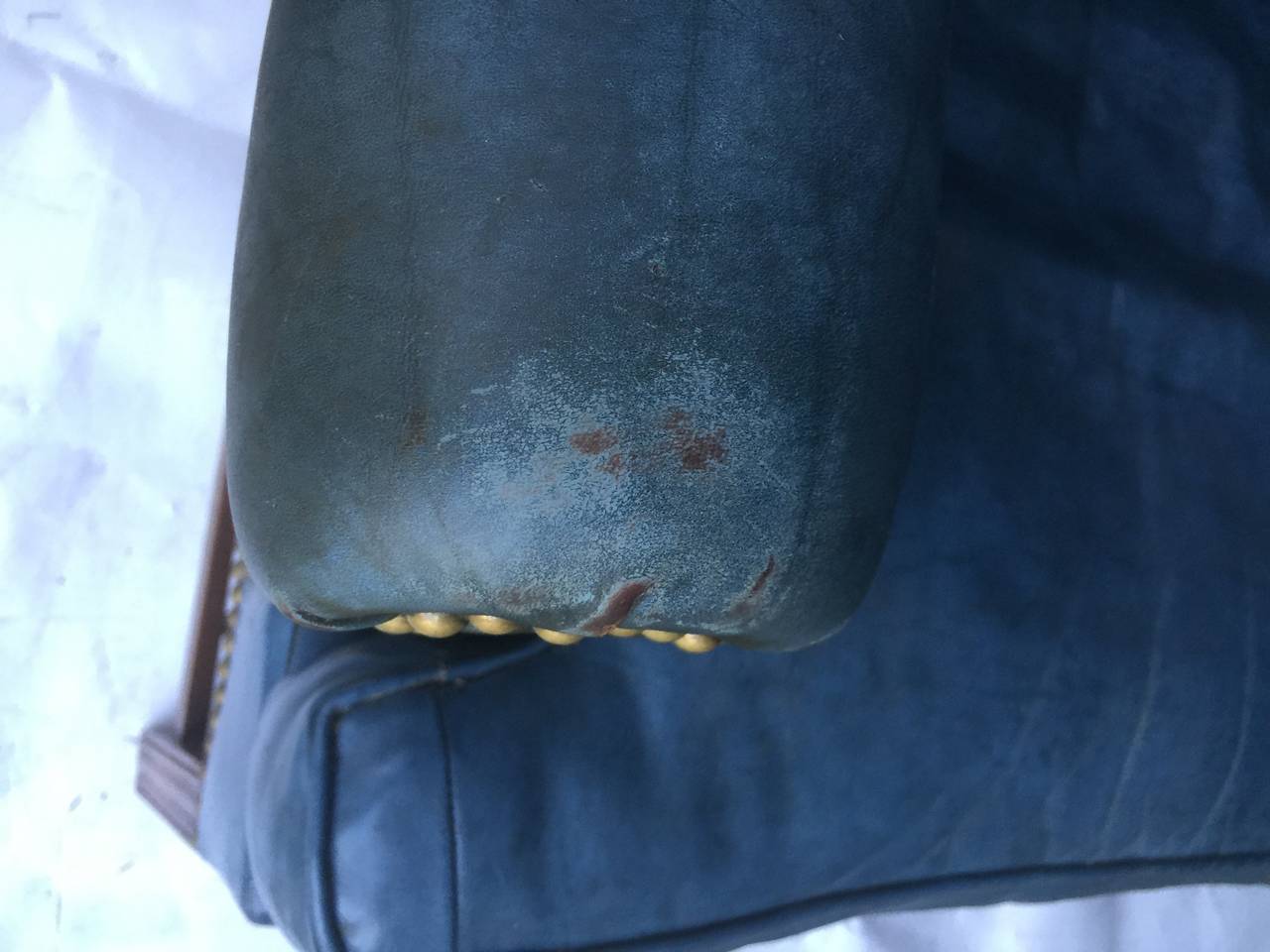 Denim Blue Leather Wingback Chair and Ottoman For Sale at 1stDibs