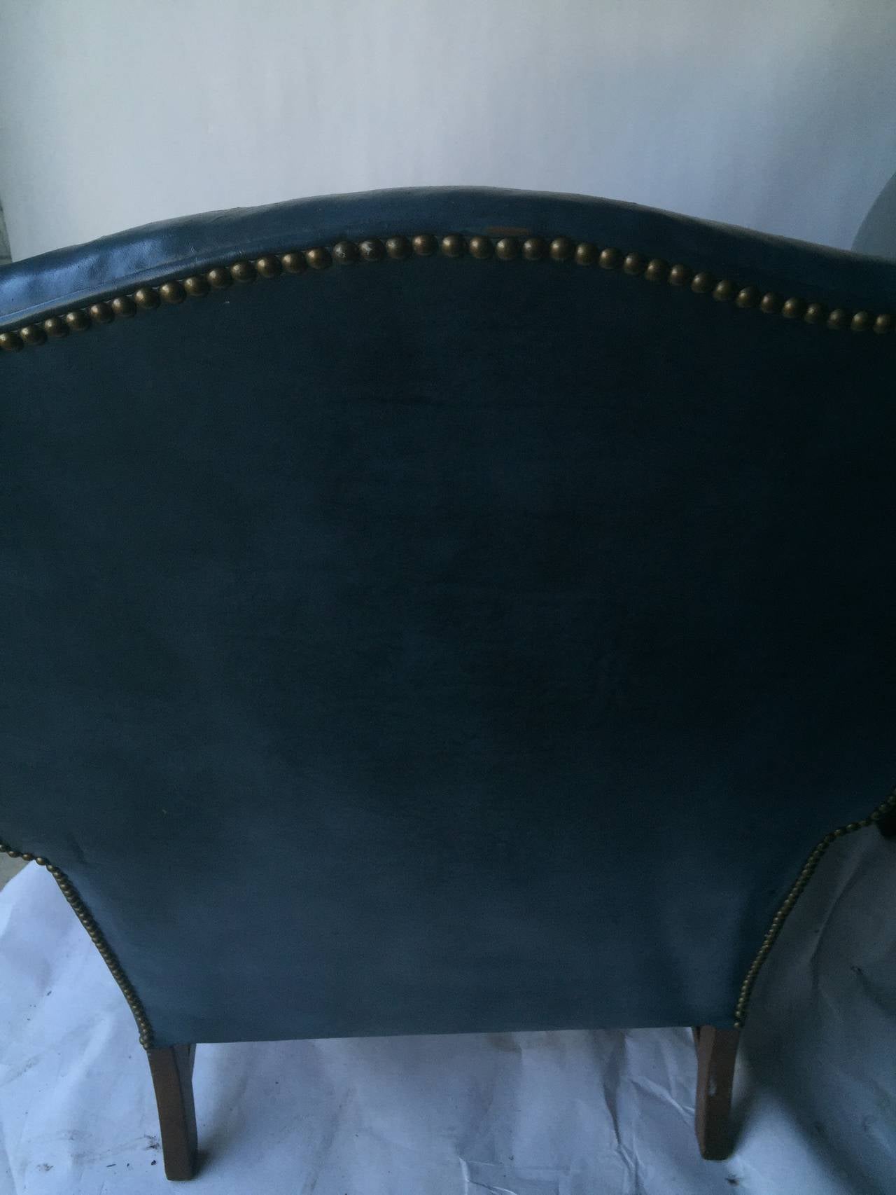 Denim Blue Leather Wingback Chair and Ottoman For Sale at 1stDibs