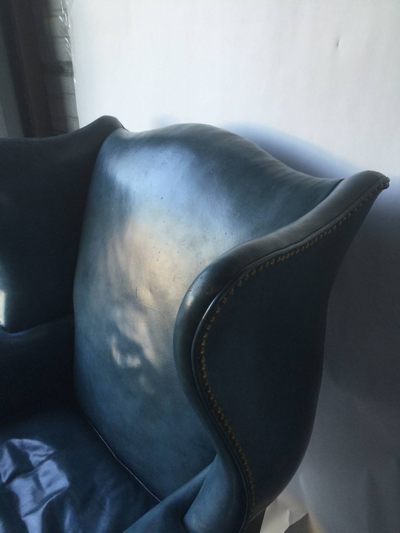 Denim Blue Leather Wingback Chair and Ottoman For Sale at 1stDibs