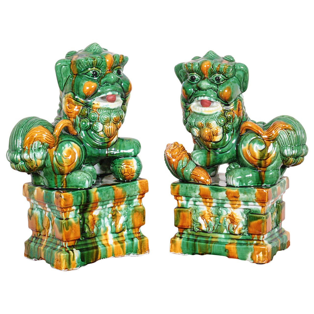Pair of Mid-Century Chinese Porcelain Sancai Foo Dogs at 1stDibs ...