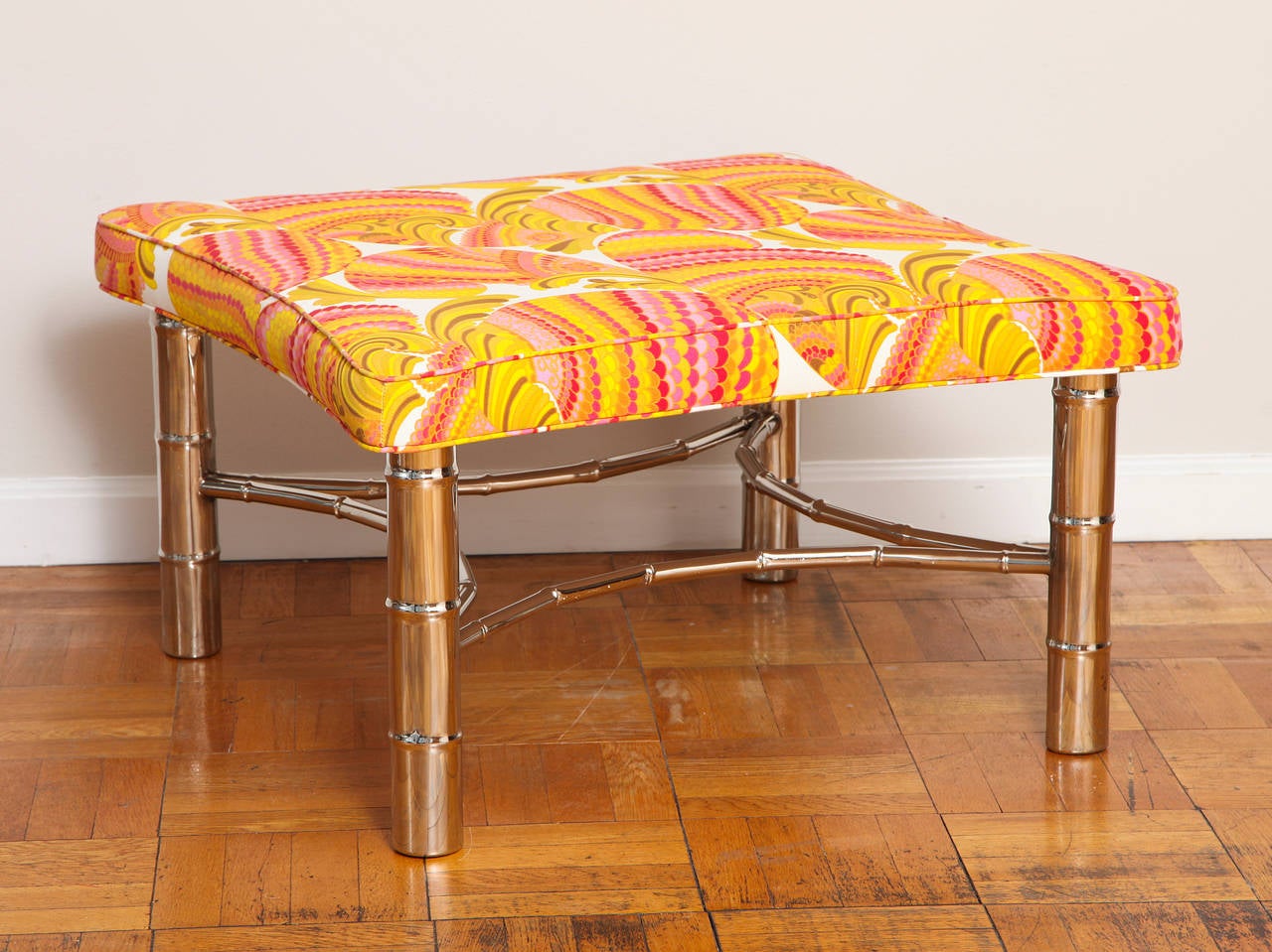 Faux Bamboo Ottoman with Chrome Legs and Stretcher in Emilio Pucci ...