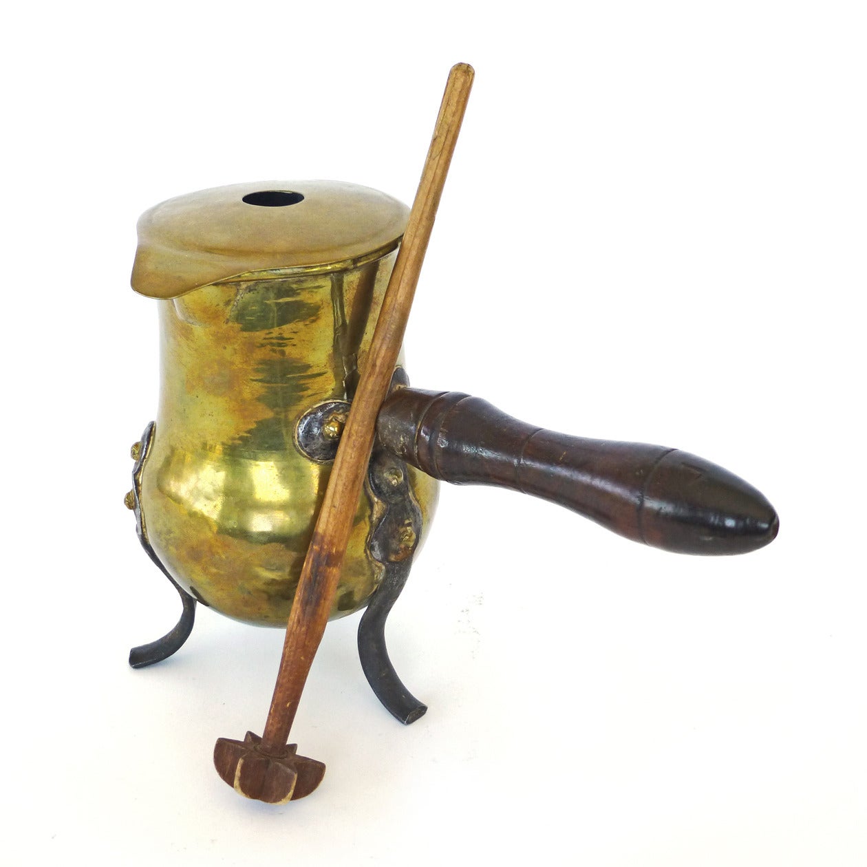 Dutch Brass Chocolate Pot with Three Iron Legs and Wooden Molinet ...