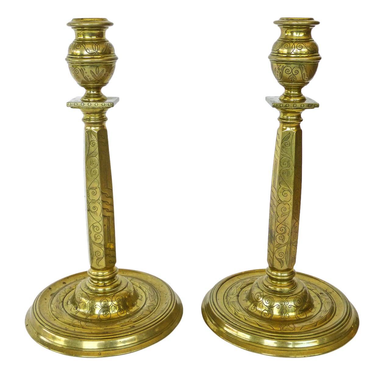 Pair of Fine Engraved Flemish 16th Century Brass Candlesticks, circa ...