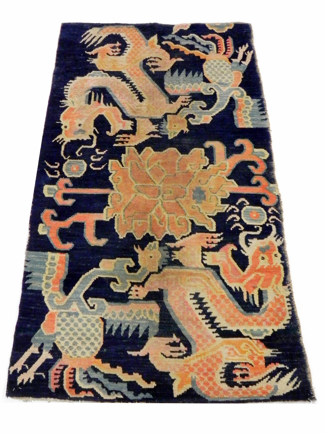 Hand-Knotted Wool Tibetan Carpet with Dragon, Pheonix and Lotus Motifs ...