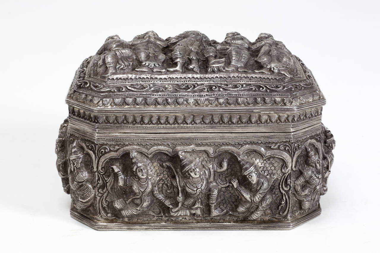 Old Solid Silver Hand-Worked Burmese Ceremonial Box, High Relief Jataka ...