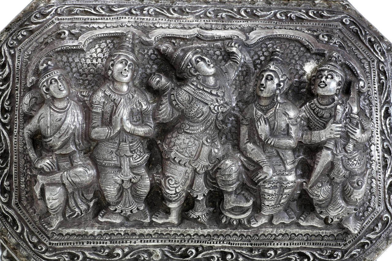 Old Solid Silver Hand-Worked Burmese Ceremonial Box, High Relief Jataka ...