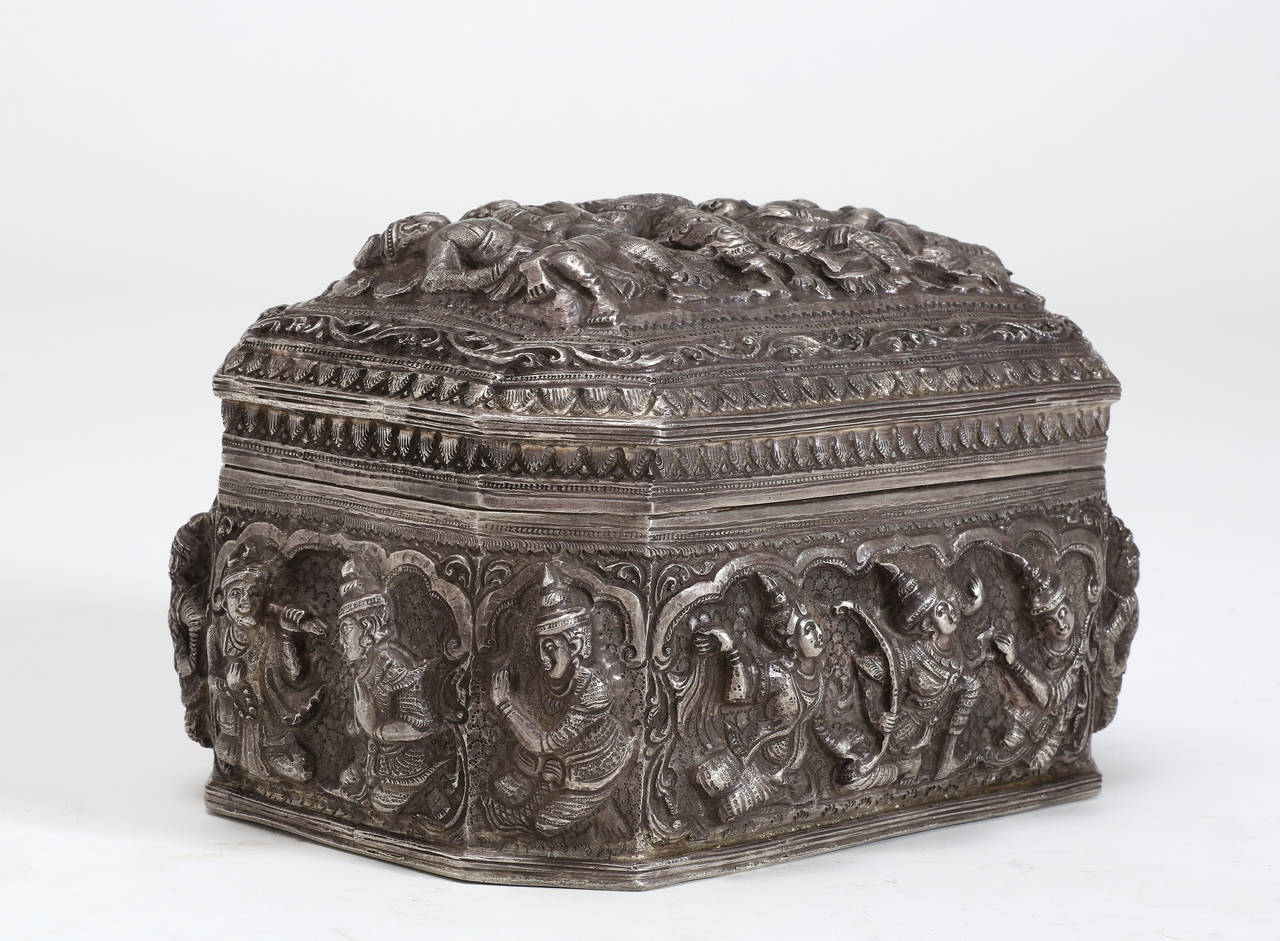 Old Solid Silver Hand-Worked Burmese Ceremonial Box, High Relief Jataka ...