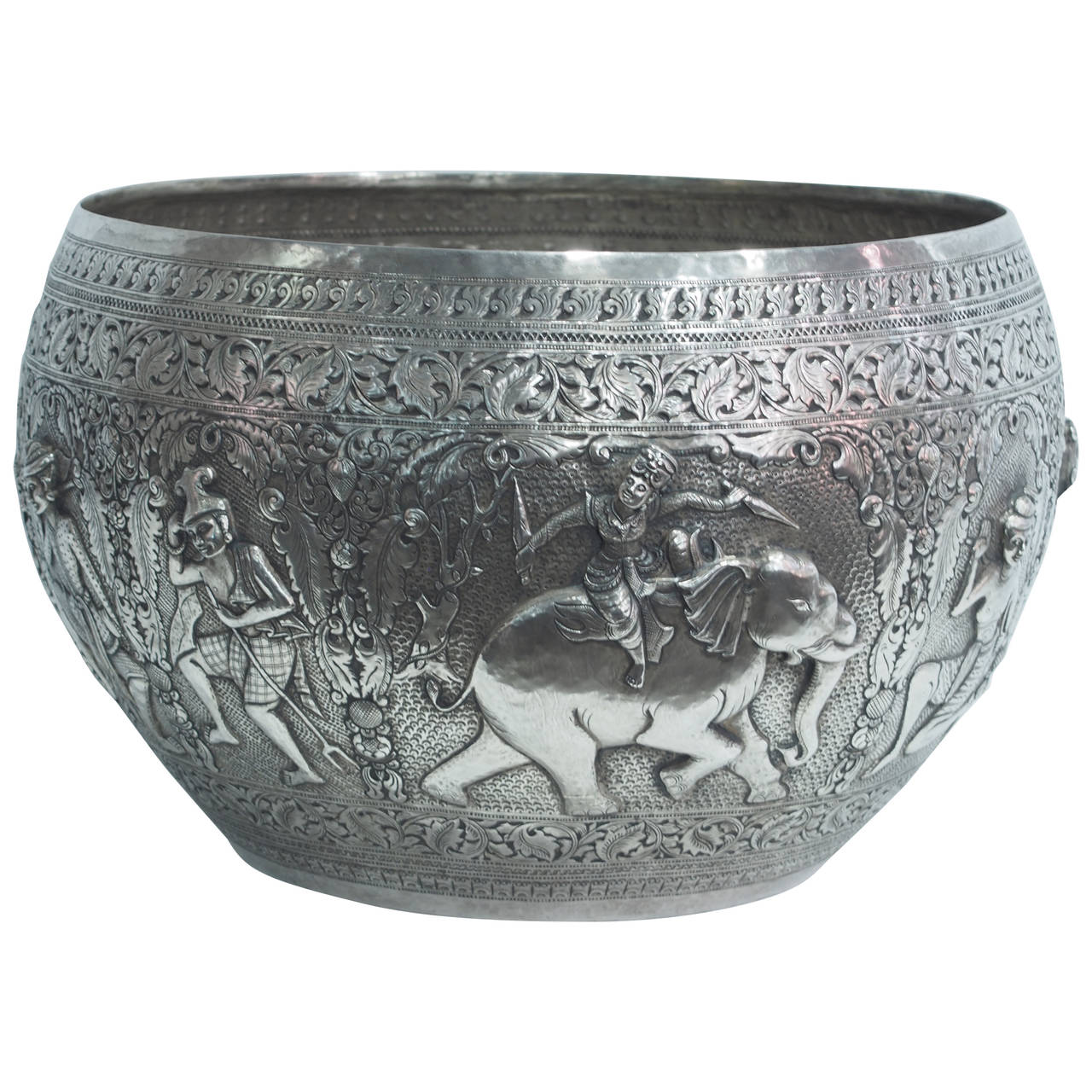 Old Handworked Solid Silver Burmese Ceremonial Bowl, High Relief Jataka ...